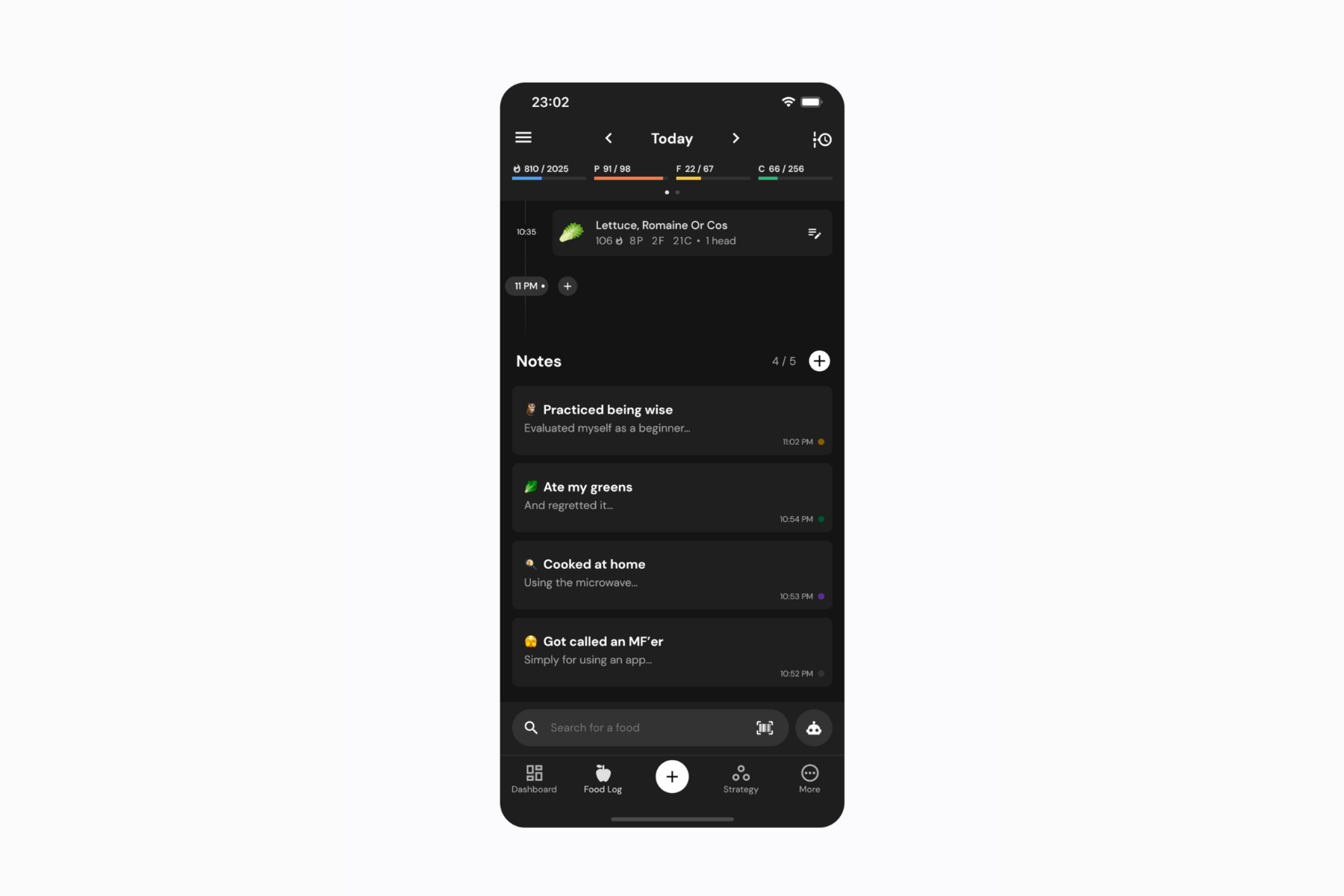 Create notes about your day right from the Food Log - MacroFactor